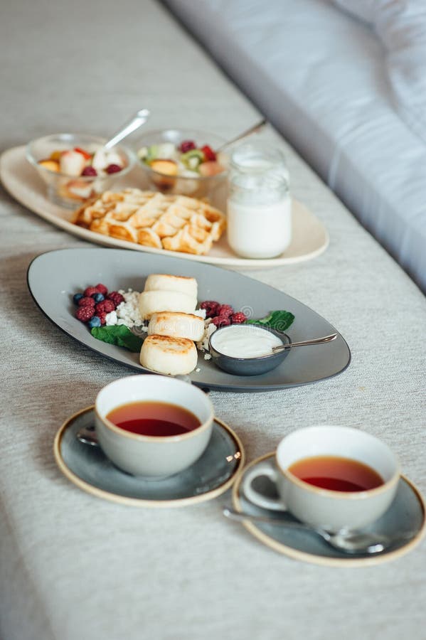 Delicious Breakfast for Two on Bed at the Luxury Hotel Stock Photo ...