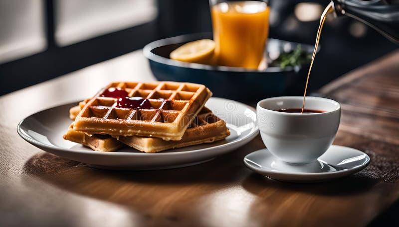 Delicious Breakfast with Waffles and Tea Stock Illustration ...