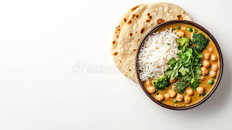Delicious Broccoli and Chickpea Curry with Rice and Naan Presentation ...