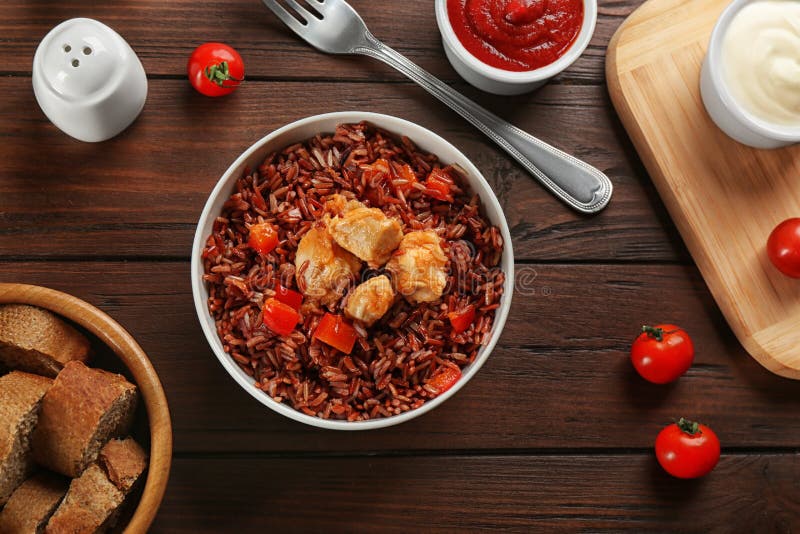 Delicious Brown Rice Served on Wooden Table Stock Image - Image of ...