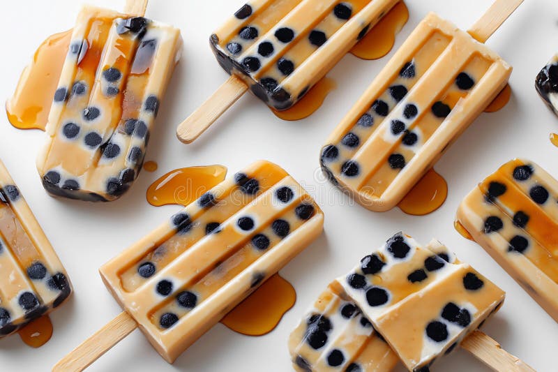 Delicious Bubble Tea Popsicles Arranged on a White Surface with Caramel ...