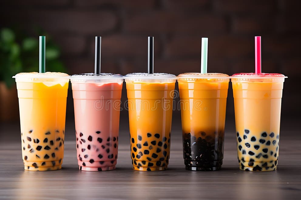 Delicious Bubble Tea with Tapioca Pearls in Plastic Cups in Raw Stock ...