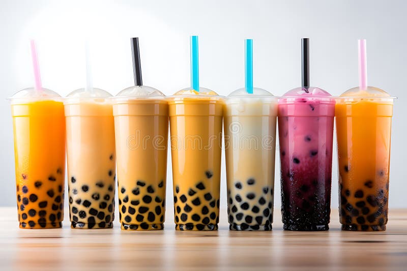 Delicious Bubble Tea with Tapioca Pearls in Plastic Cups in Raw Stock ...