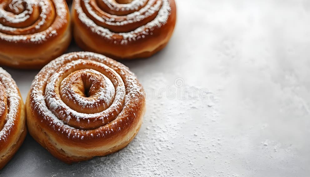 Delicious Buns with Powdered Sugar on Light Grey Table, Closeup Stock ...