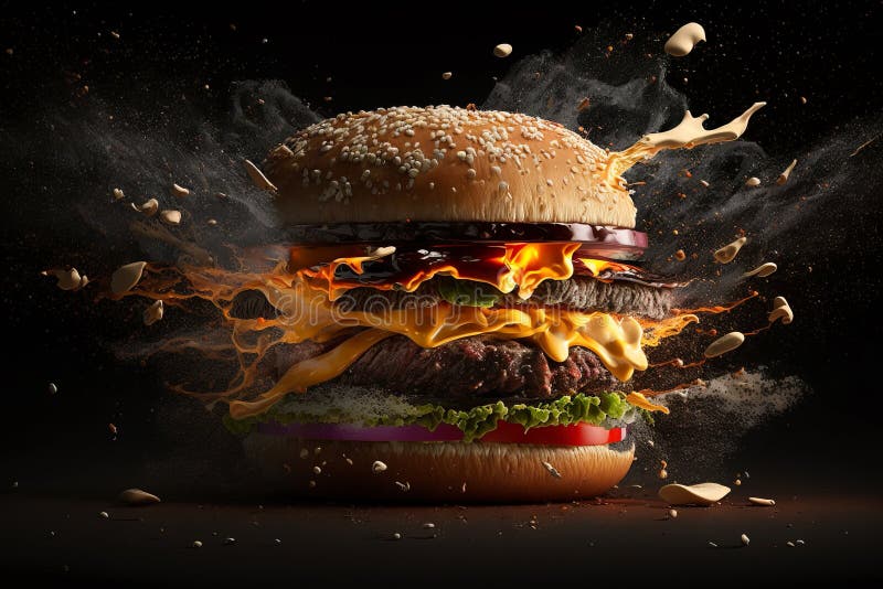 Delicious Burger Exploding in Front of the Camera with Floating ...