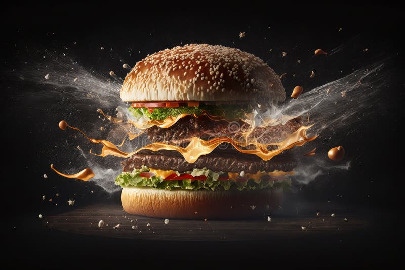 Delicious Burger Exploding in Front of the Camera with Floating ...