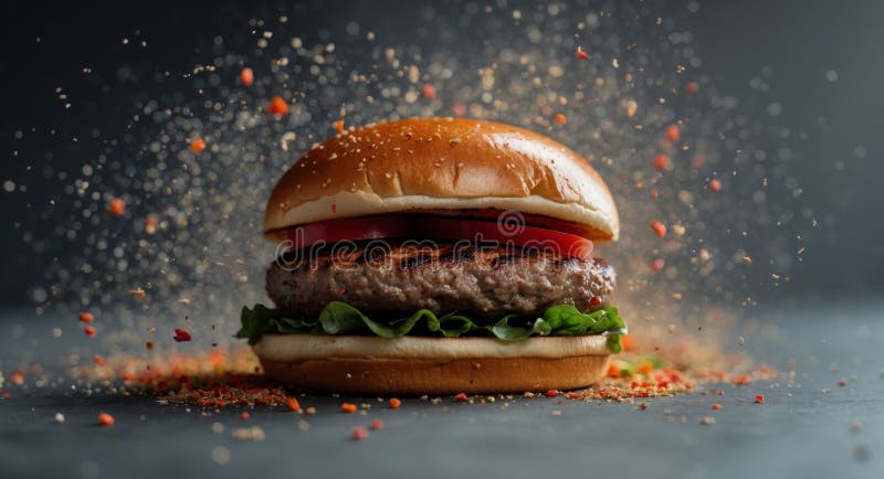 Delicious Burger with Flying Seasoning on Dark Surface Stock Image ...