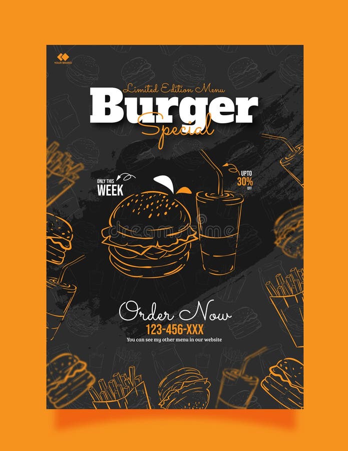 Delicious Burger and Food Menu Flyer Template with Hand Drawing Stock ...