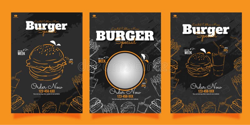 Delicious Burger and Food Menu Flyer Template with Hand Drawing Stock ...