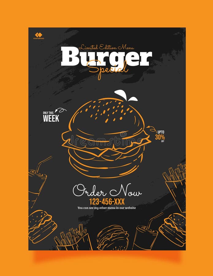 Delicious Burger and Food Menu Flyer Template with Hand Drawing Stock ...