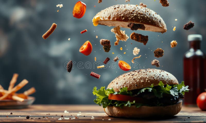 Delicious Burger with Fresh Ingredients, Exploding Stock Illustration ...