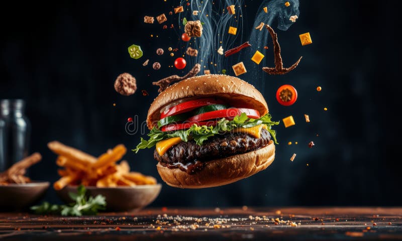 Delicious Burger with Fresh Ingredients, Exploding Stock Illustration ...