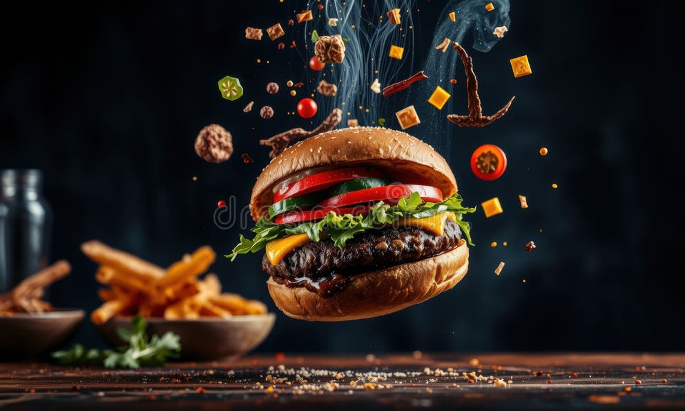 Delicious Burger with Fresh Ingredients, Exploding Stock Illustration ...