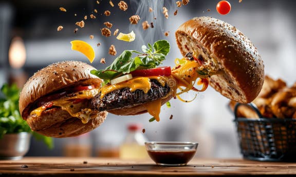 Delicious Burger with Fresh Ingredients, Exploding Stock Illustration ...