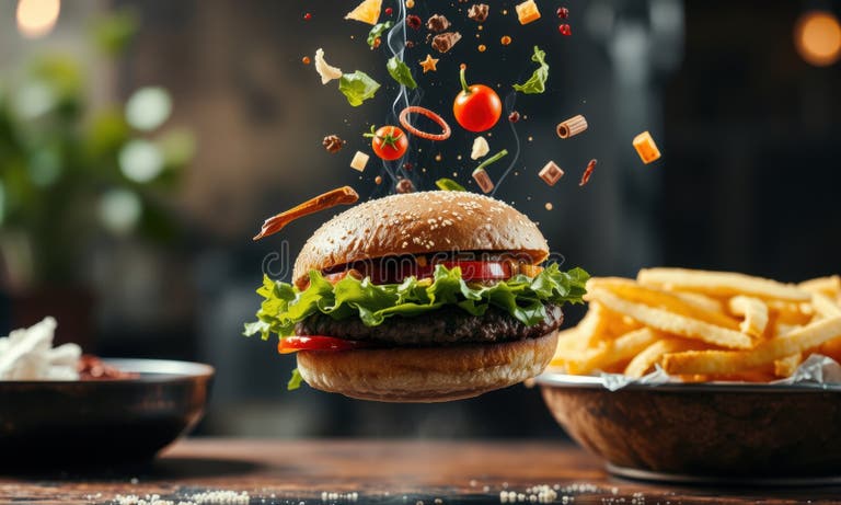 Delicious Burger with Fresh Ingredients, Exploding Stock Illustration - Illustration of kitchen ...