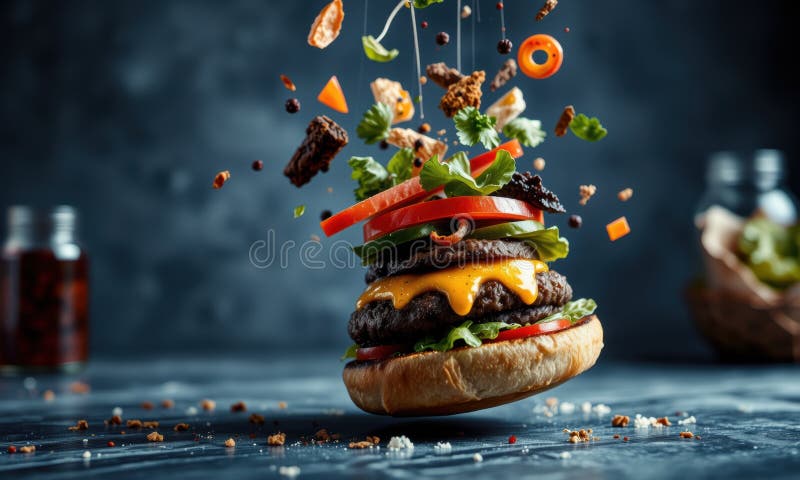 Delicious Burger with Fresh Ingredients, Exploding Stock Illustration ...