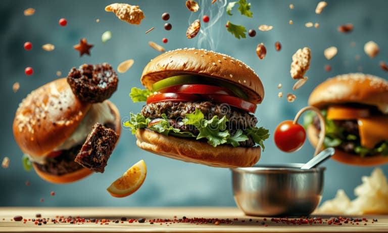 Delicious Burger with Fresh Ingredients, Exploding Stock Illustration ...