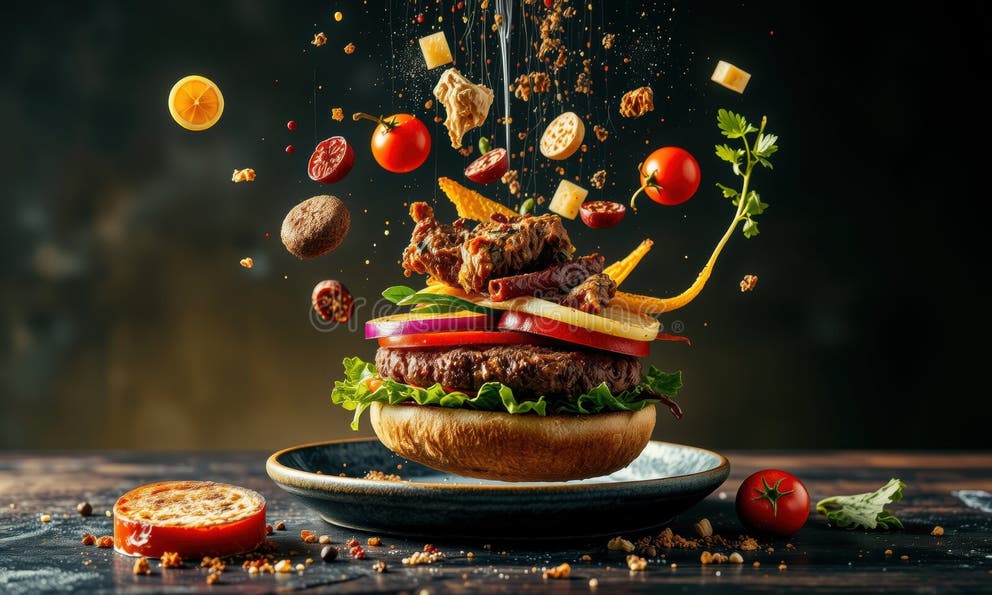 Delicious Burger with Fresh Ingredients, Exploding Stock Illustration ...