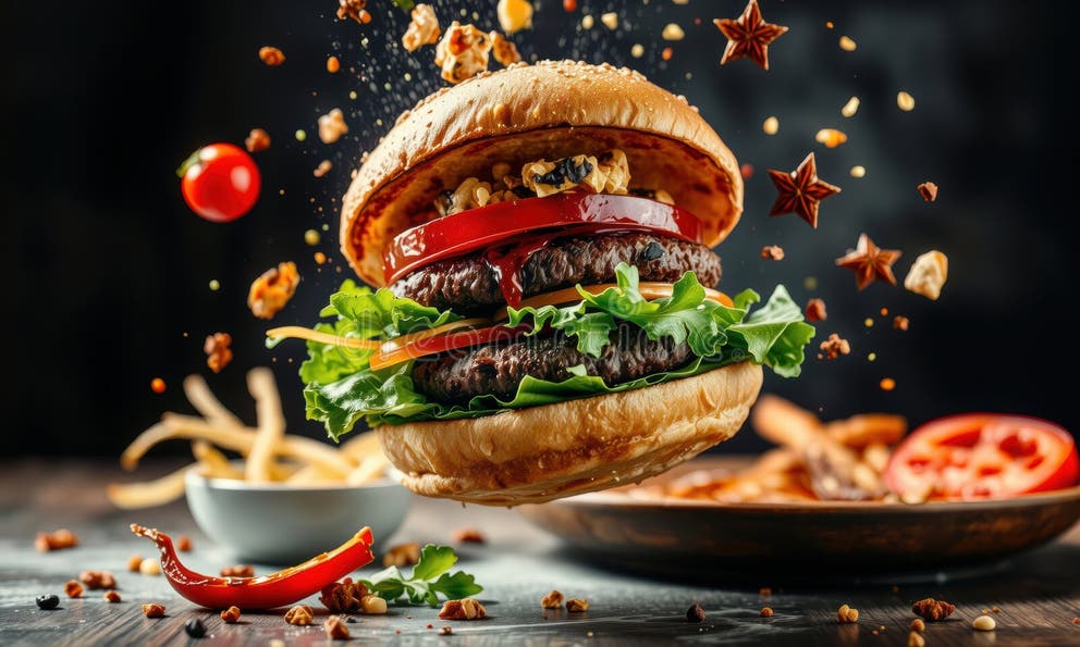Delicious Burger with Fresh Ingredients, Exploding Stock Illustration ...