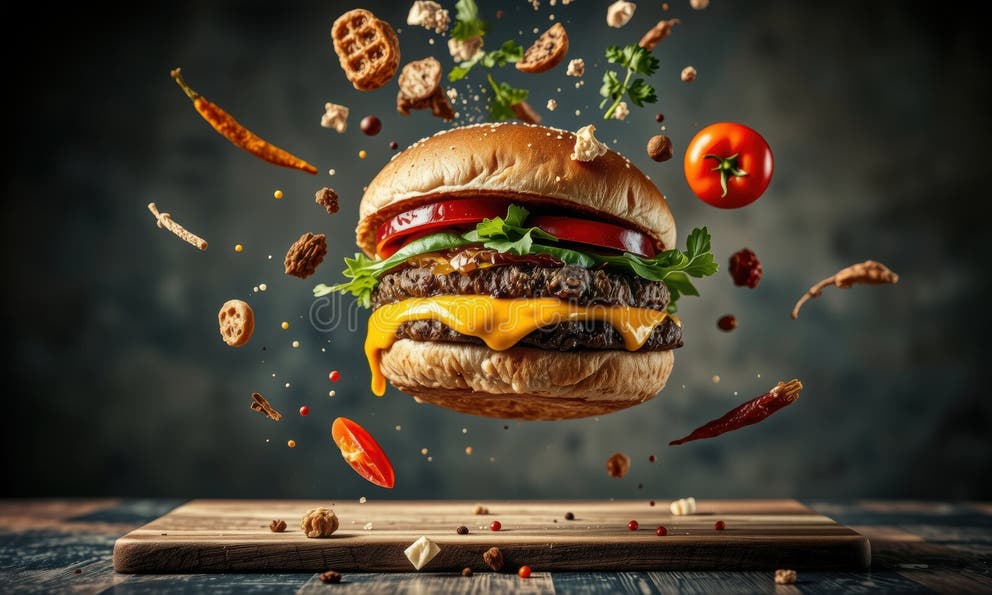 Delicious Burger with Fresh Ingredients, Exploding Stock Illustration ...