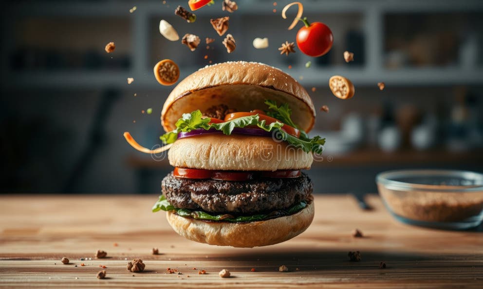 Delicious Burger with Fresh Ingredients, Exploding Stock Illustration ...