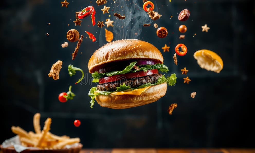 Delicious Burger with Fresh Ingredients, Exploding Stock Illustration ...