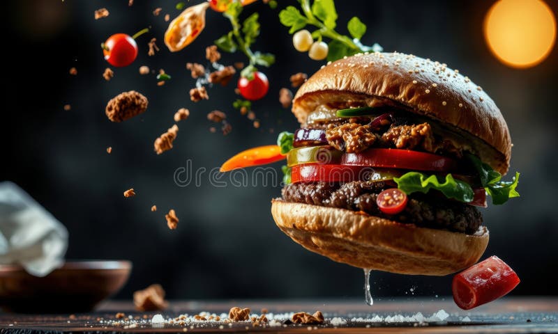 Delicious Burger with Fresh Ingredients, Exploding Stock Illustration ...