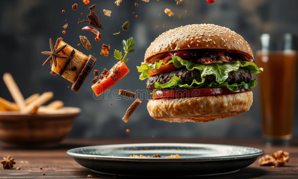 Delicious Burger with Fresh Ingredients, Exploding Stock Illustration ...