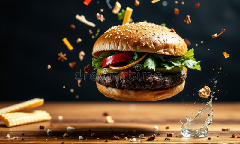 Delicious Burger with Fresh Ingredients, Exploding Stock Illustration ...