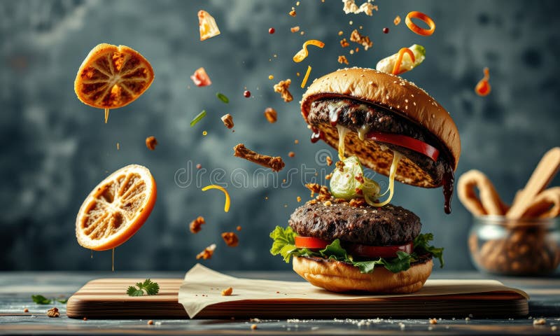 Delicious Burger with Fresh Ingredients, Exploding Stock Illustration ...