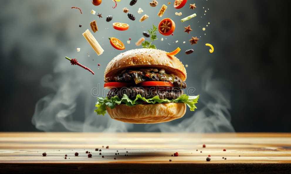 Delicious Burger with Fresh Ingredients, Exploding Stock Illustration ...