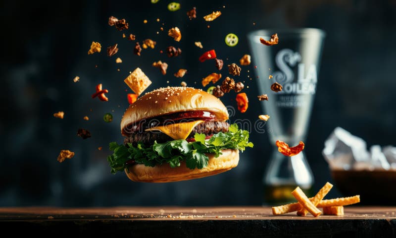 Delicious Burger with Fresh Ingredients, Exploding Stock Illustration ...