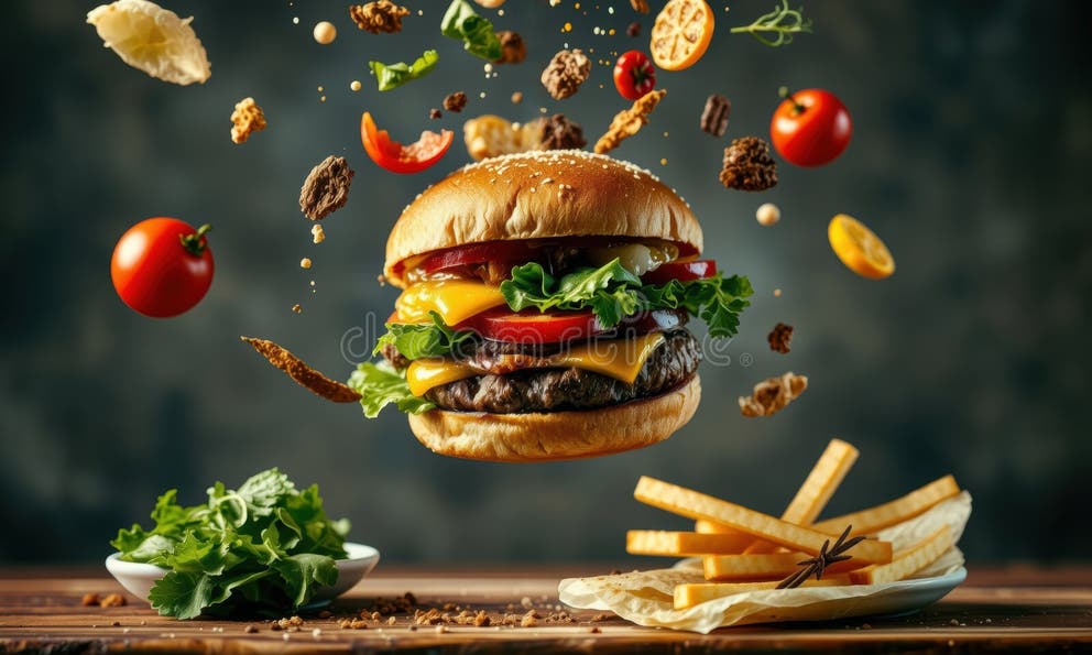 Delicious Burger with Fresh Ingredients, Exploding Stock Illustration ...