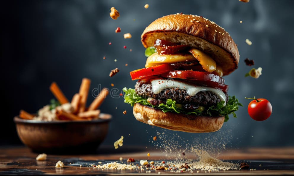 Delicious Burger with Fresh Ingredients, Exploding Stock Illustration ...
