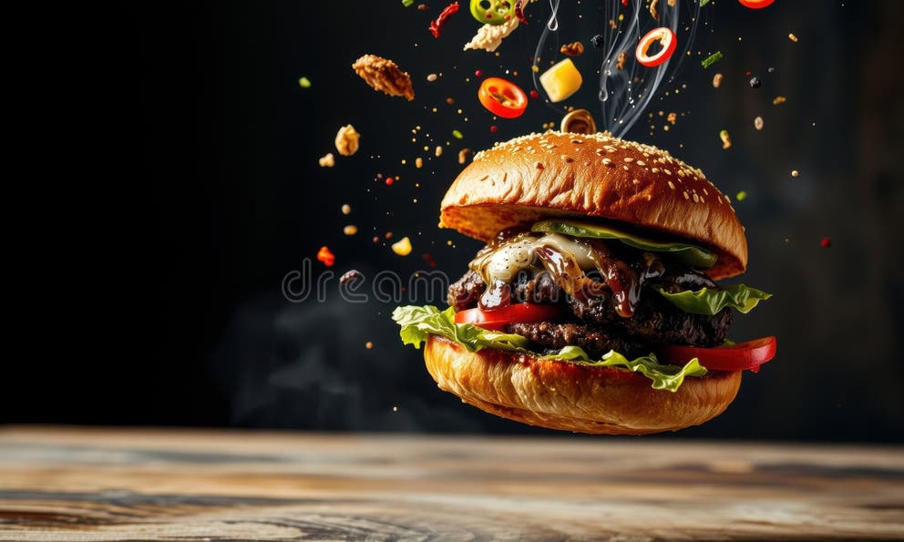 Delicious Burger with Fresh Ingredients, Exploding Stock Illustration ...