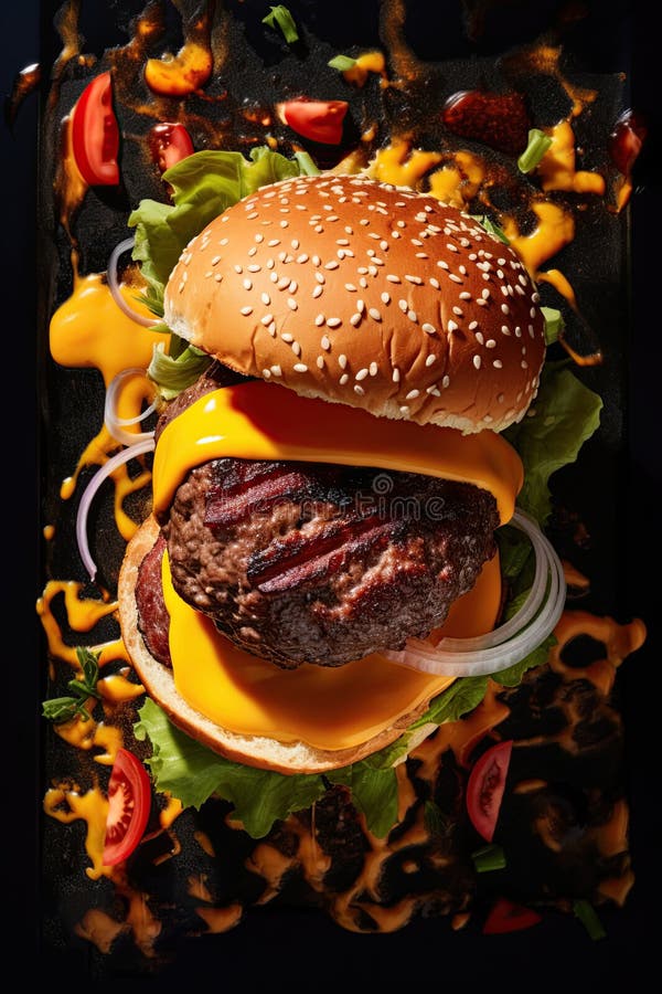 Delicious Burger with Melting Cheese. Top View, Flat Lay Stock Photo ...