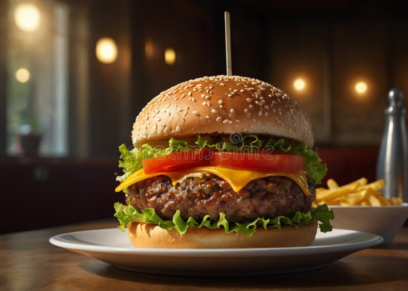 Delicious Burger on Plate in Kitchen Generative AI Stock Illustration ...