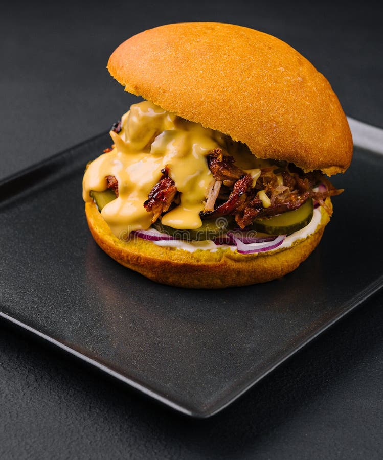 Delicious Burger with Torn Meat on Black Tray Stock Image - Image of ...