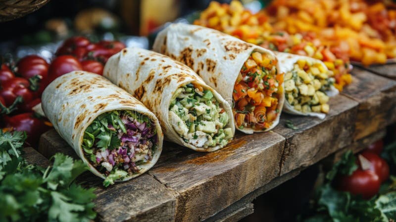 Delicious Burritos Arranged on Wooden Board Display Stock Illustration ...