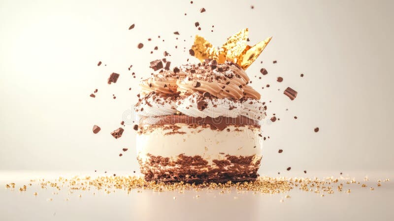 Delicious Cake Exploding with Chocolate Pieces and Gold Flakes Stock ...