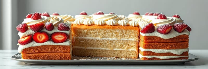 Delicious Cake with Layers of Cream and Strawberries Served on a Silver ...