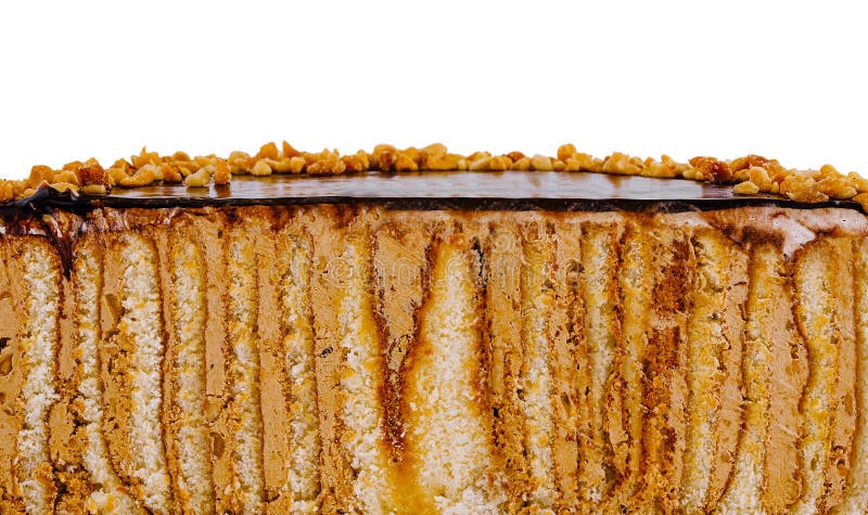 Delicious Cake with Nuts and Chocolate Icing Showing Its Layers Stock ...