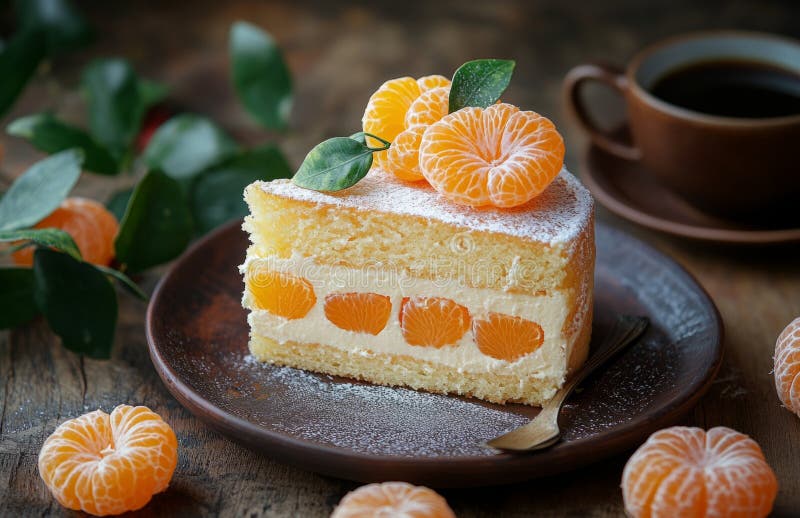Slice of Cake with Mandarin Oranges and Coffee Cup Stock Image - Image ...