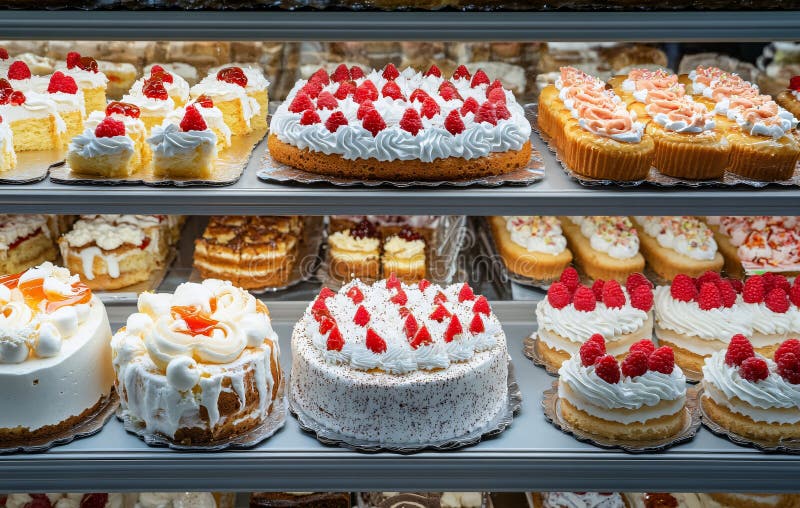 Delicious Cakes and Pastries in Display Case Stock Illustration ...