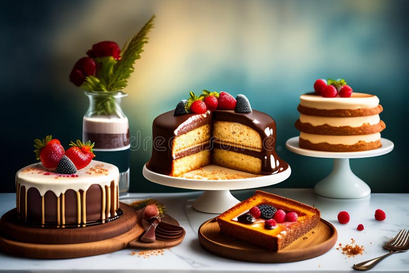 Delicious Cakes on the Table. Desserts on the Table Stock Illustration ...
