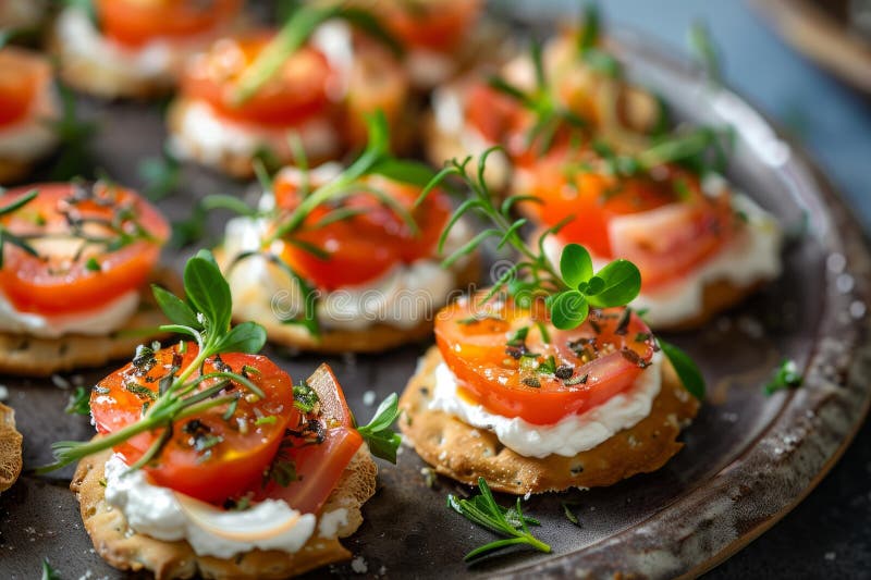 Delicious Canapes with Cream Cheese, Tomatoes and Herbs on Crackers ...