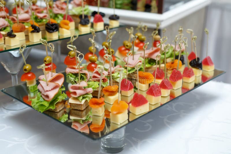 Delicious Canapes with Ham, Cheese and Fruit Stock Photo - Image of ...
