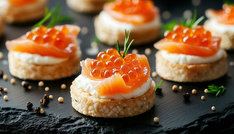 Delicious Canapes with Salmon and Caviar on Black Textured Table ...