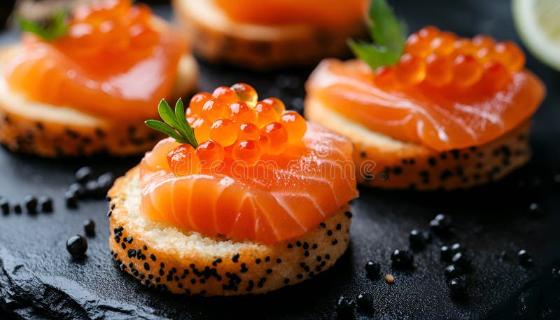 Delicious Canapes with Salmon and Caviar on Black Textured Table ...