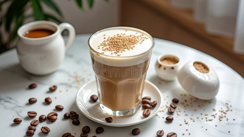 Delicious Cappuccino Frothy Cream Coffee Beans Marble Table Stock ...
